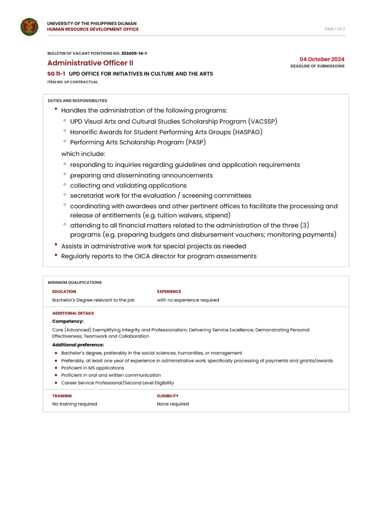[JOB OPENING] Administrative Officer II – UPD Office for Initiatives in ...